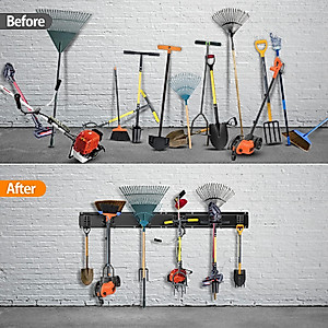 Garage Wall Organizer, Garden Tool Organizer, Garage Tool Organizer Wall Mount, Heavy Duty Steel Wall Holders for Yard Tools Hanger, Corner Shelves with Rake & Shovel Rack, Garage Gifts for Men