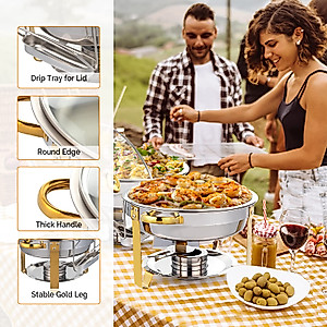 ROVSUN 5QT 4 Packs Chafing Dish Buffet Set Gold Accent, NSF Round Stainless Steel Buffet Warmer Chafers and Warmers Sets with Glass Lid & Lid Holder for Catering Events Parties Weddings Dinners