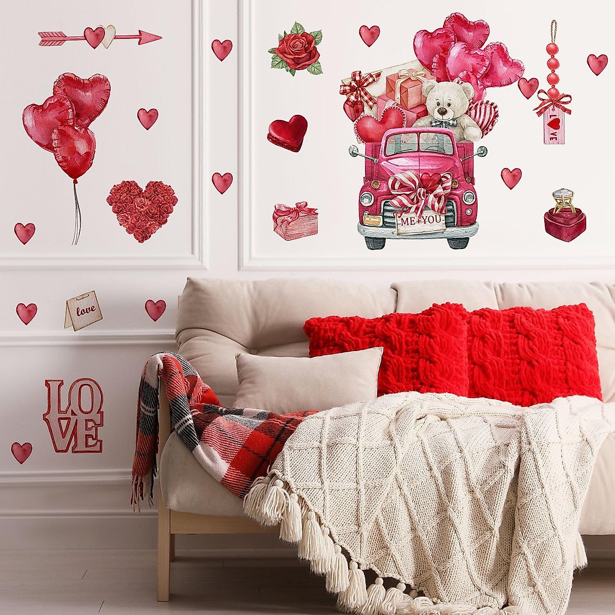 Valentine's Day Love Wall Decals Red Truck Balloon Window Clings Wall Stickers Rose Diamond Ring Romantic Decals Removable Peel and Stick Murals for Home Bedroom Living Room Wedding Anniversary Decor