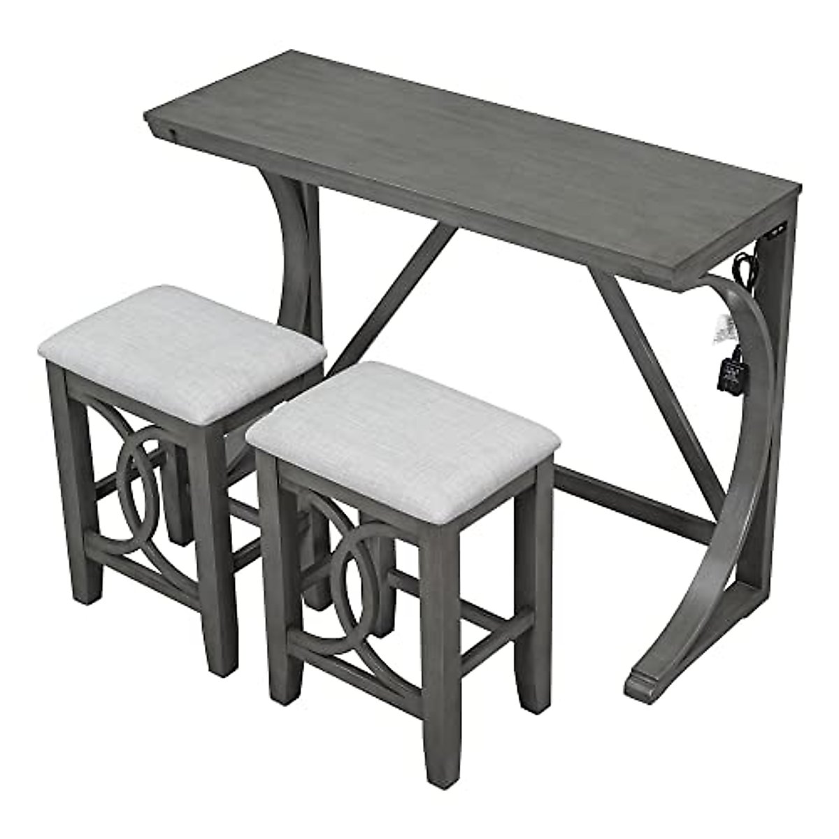 Solid Wood 3-Piece Counter Height Extra Long Dining Table Set Home Bistro Set with USB Port, Farmhouse Rustic Bar Pub Dining Table with 2 Upholstered Stools, Space Saving (Gray)