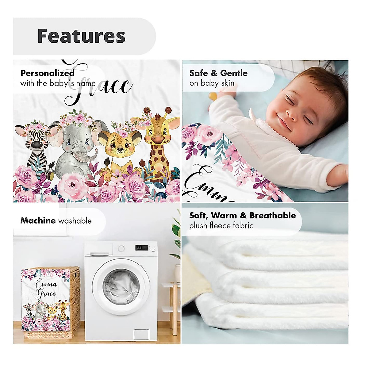 Jump Up Personalized Rose Safari Baby Blanket,Jungle Animal Baby Blanket,Baby Safari Nursery,Jungle Crib