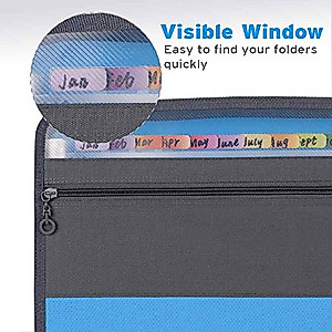 Sooez Expanding File Folder with Sticky Labels, 13 Pocket Accordion File Folder Document Organizer Expanding Zip File Folder with Zipper Closure, Letter A4 Paper Document Accordion Folder, Blue