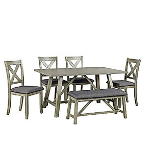 Knocbel Wood Dining Table Sets for 6, Kitchen Dining Room Set Include 1 Table, 1 Padded Bench & 4 Padded Chairs (Gray) (Gray with Wood)