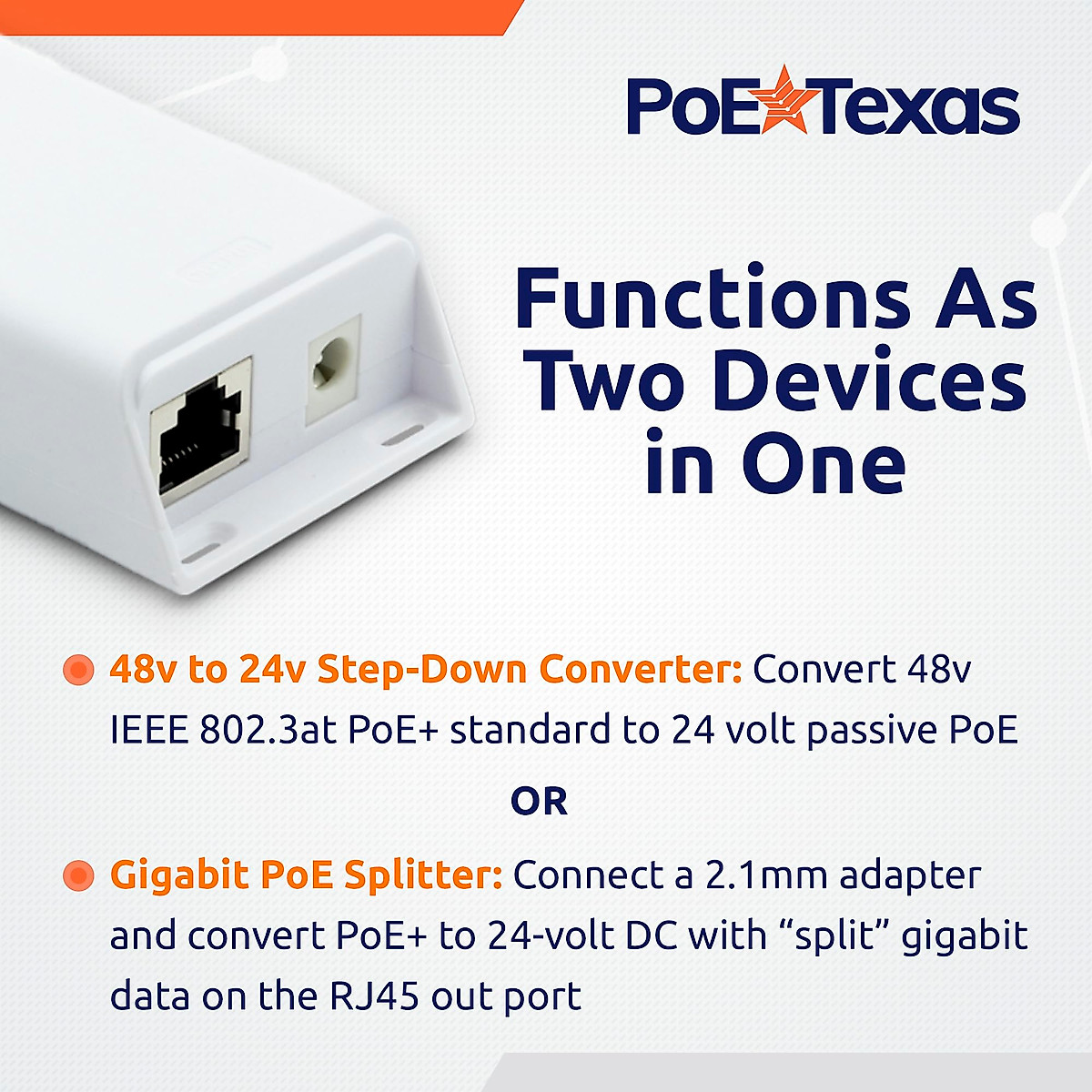 PoE Texas 48v to 24v PoE Converter - Inline PoE Splitter with 24 Volt 25 Watt PoE or DC - Converts IEEE 802.3at PoE+ to 24V Passive PoE or 24V DC Output with Gigabit Data for Ubiquiti and Mikrotik