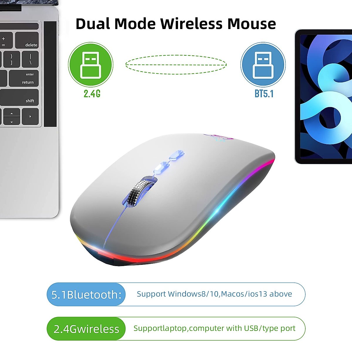 HOTLIFE LED Wireless Mouse, Slim Rechargeable Silent Bluetooth Mouse, Portable USB Optical 2.4G Wireless Bluetooth Two Mode Computer Mice with USB Receiver and Type C Adapter(Silver)