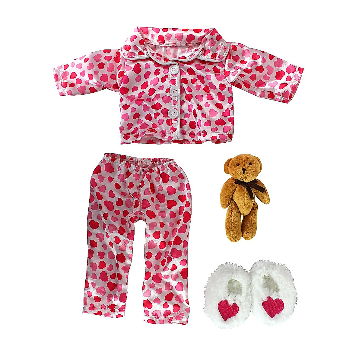 4pc Red & Pink Heart PJ Doll Outfit w Teddy Bear- 18" Doll Clothes & Accessories Compatible w American Girl Dolls- Set Includes Cozy Pajama Top & Bottom, Slippers, & Teddy Bear- Great Gift for Girls