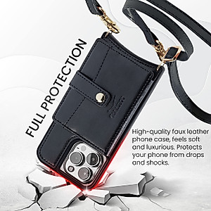 iPhone 13/14 Pro Max Case Faux Leather Wallet - Crossbody Purse Credit Card Holder Wallet - RFID Blocking, Clear ID Window, Exterior Slot Magnetic Closer Wallet w/Detachable & Expandable Leathr Strap