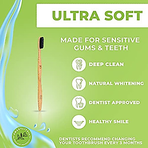 Bamboo Charcoal Toothbrush With Travel Case & Holder Kit - Extra Soft Natural Bristles For Sensitive Teeth | Eco Friendly Portable Wooden Travel Set | Organic Single Wood Toothbrushes Stand & Cover