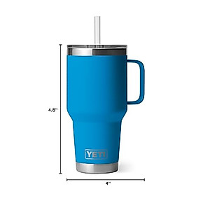 YETI Rambler 35 oz Tumbler with Handle and Straw Lid, Travel Mug Water Tumbler, Vacuum Insulated Cup with Handle, Stainless Steel, Big Wave Blue