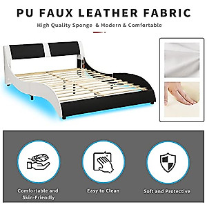Led Bed Frame Queen Size Modern Upholstered Platform Bed Frame with LED Lights Faux PU Leather Wave Like Low Profile Platform Bed Frame with Headboard, Wooden Slats, No Box Spring Needed, Black+White
