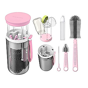 Rrwin Baby Bottle Brush,Todder Nursing Bottle Silicone Brush Travel Set with Nipple Cleaner and Drying Rack (Pink)