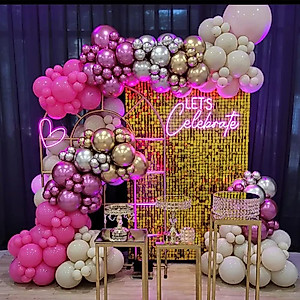 130PCS Metallic Magenta Hot Pink Balloon Garland Arch Kit, Chrome Fuchsia Gold Sand White Balloons for Bachelorette Wedding Anniversary Baby Shower Birthday Party Decoration Supplies