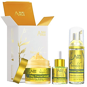 ANAI RUI Facial Skincare Set, Christmas Gift for Women Stocking Stuffers, Turmeric & Vitamin C Clay Mask for Dark Spot, Moisturizing Facial Oil, Turmeric Face Cleanser, Skincare Gift Set for Women