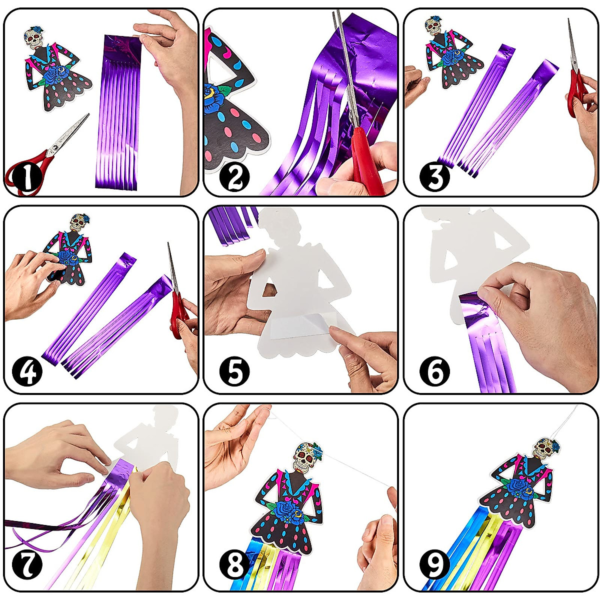 Day of the Dead Sugar Skull Hanging Decorations 3 Pieces Dia De Los Muertos Party Decorations Skeleton Sugar Skull Bride Decor with Tassels, Glue and Ropes for Halloween DIY Craft Party Supplies