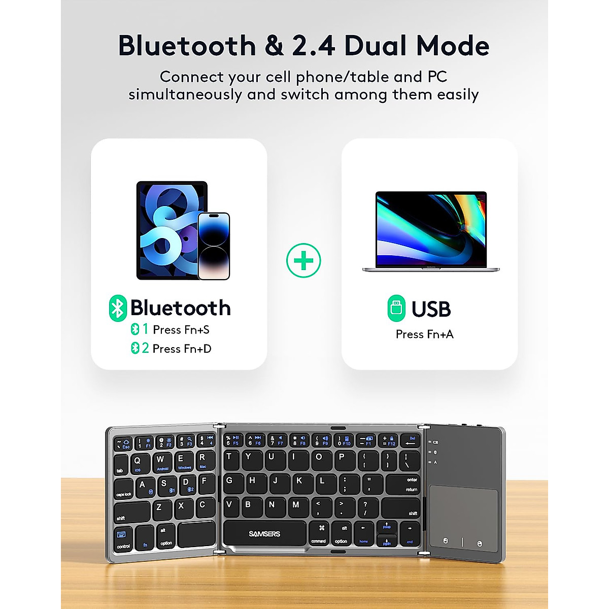 Samsers Multi-Device Foldable Bluetooth Keyboard with Touchpad Rechargeable Dual-Mode(2.4G+BTx2) Wireless Keyboard with Holder, Portable Ultra Slim Folding Keyboard for Android Windows iOS Mac OS