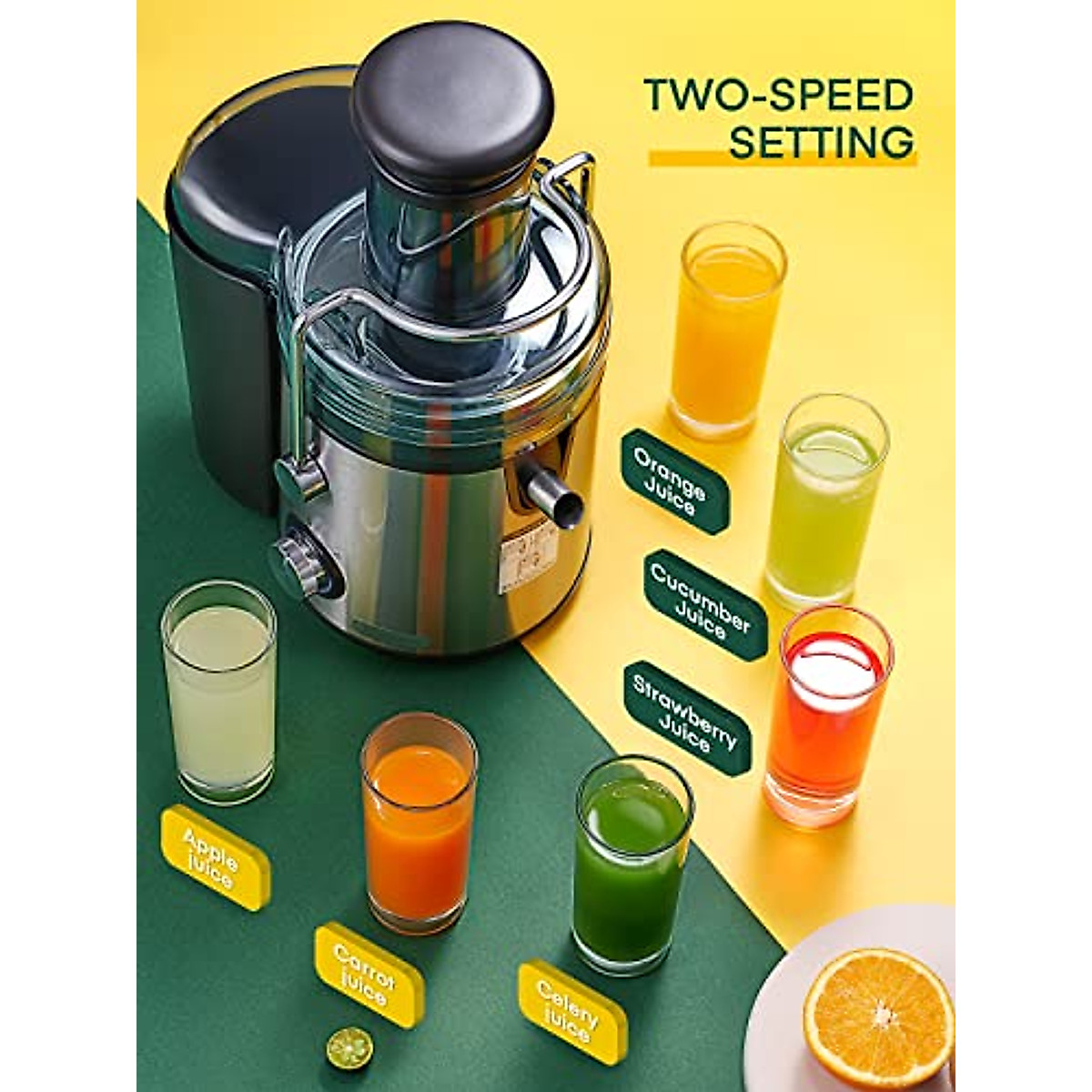 Juicer Machines, FOHERE 1000W Juicer Whole Fruit and Vegetables, Quick Juicing Easy to Clean, 75MM Large Feed Chute, Dual Speed Setting and Non-Slip Feet, Silver