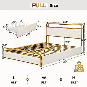 BTHFST Full Size Bed Frame with Built-in LED Light Headboard & Storage Drawers, USB Ports & Outlets, Upholstered Platform Bed Frame with Diamonds Tufting, Mattress Foundation, Creamy White & Gold