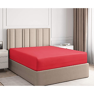Luxury 100% Cotton Fitted Sheet Twin Size, Softest 800 Thread Count Sateen, Durable and Long Lasting, 24" Deep Pocket Twin Fitted Sheet Only, Bottom Sheet (Red)
