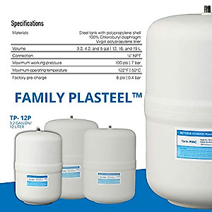 Plasteel Reverse Osmosis White Water Storage Tank 3.2 Gallon, ¼” NPT SS, Pre-Charge 6 psi