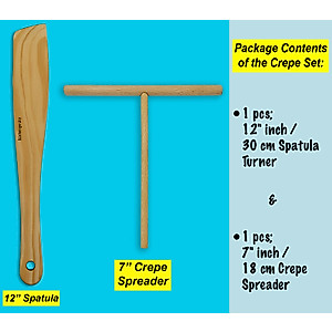 Kuchengerate Set of 2 7" inc Crepe Spreader Stick & 12" inc Spatula Turner - T Shaped Structure - Handmade Natural Beech Wood - No Paint No Polish - Kitchen Decoratives - Best Gift Set Idea