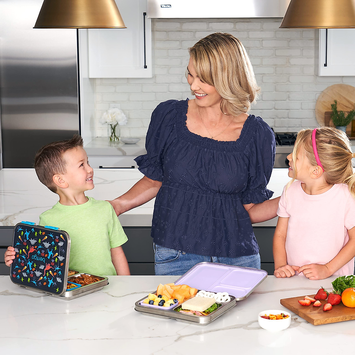 Bentgo® Kids Stainless Steel Prints Leak-Resistant Lunch Box - New Improved 2022 Bento-Style with Updated Latches, 3 Compartments & Bonus Container - Eco-Friendly, Dishwasher Safe, BPA-Free (Dinosaur)