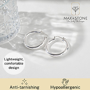 MAX + STONE 925 Sterling Silver Hoop Earrings for Women | 1.5 Inch Lightweight Chunky Hypoallergenic Round Thick