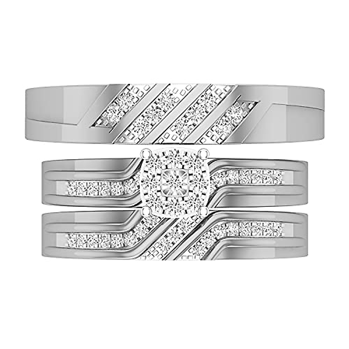 Dazzlingrock Collection 0.35 Carat Round White Diamond Cushion Framed Trio Ring Set for Him & Her in 925 Sterling Silver, Women Size 8 and Men Size 10.5
