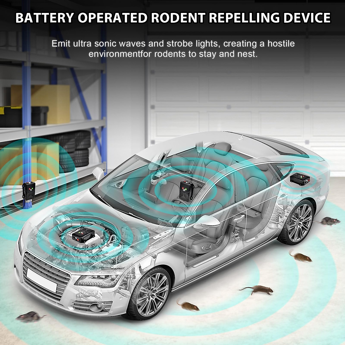 Loraffe Rodent Car Repeller Ultra Sonic Animal Under Hood Repellent Battery Powered Rodent Strobe Light Keep Rat Mice Away from Car Engine Vehicle Protection