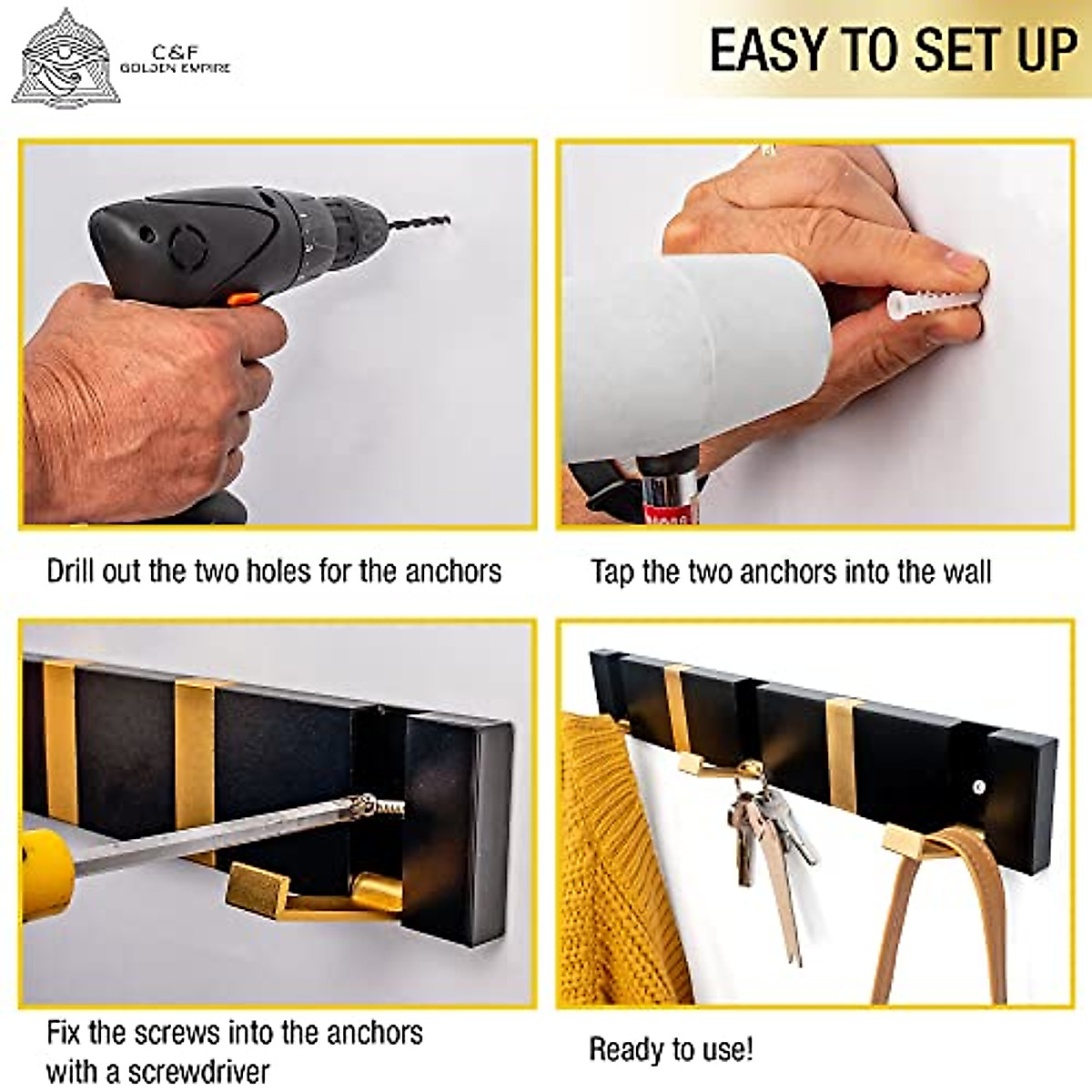 Folding Wall Hooks Invisible for Hanging - 2 Pack Black-Gold Hanging Hooks - Hangers Wall Mounted - Coat Hooks Heavy Duty Stainless Steel - Towel Wall Hooks for Hanging Coats Purse Hat Bag Keys Robe