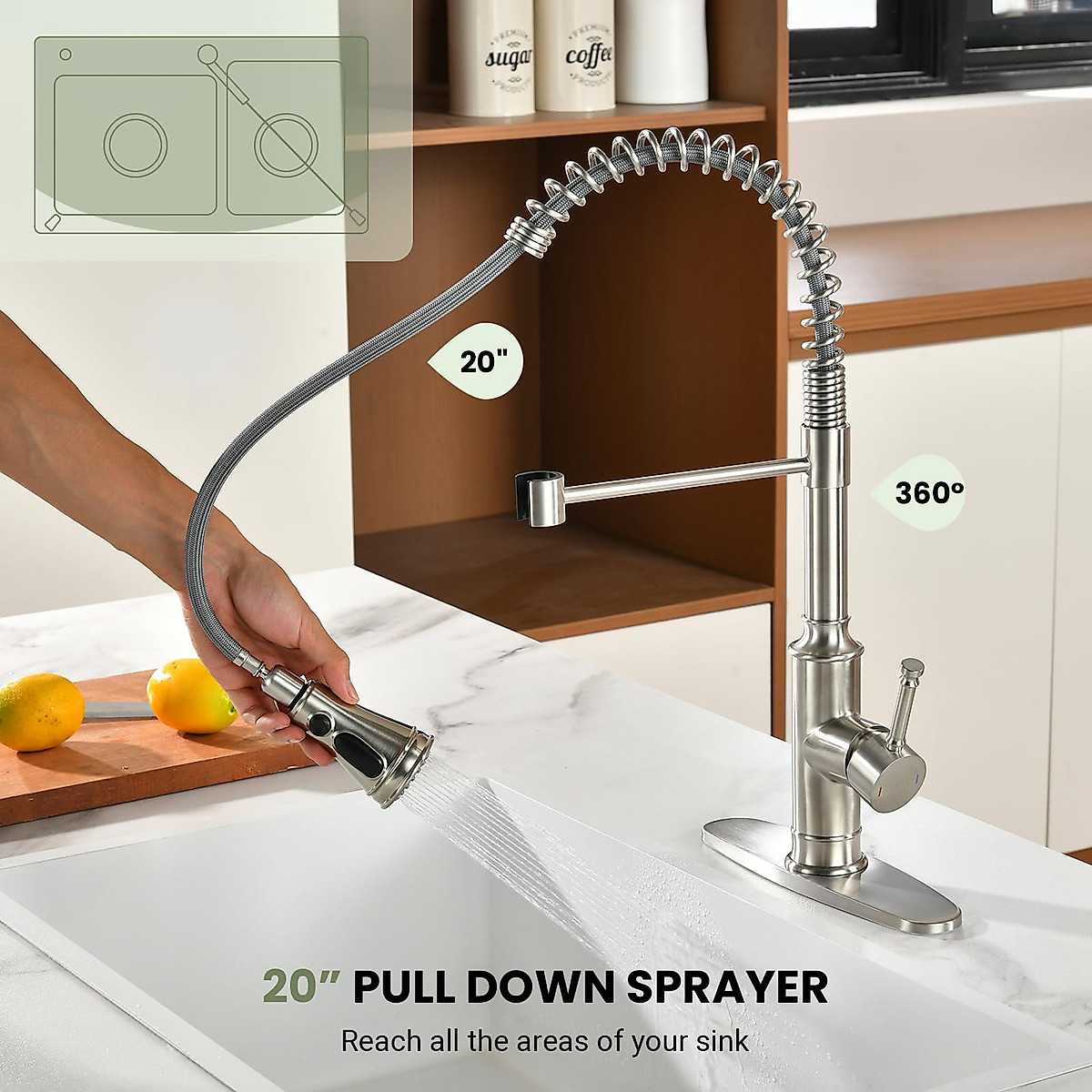 BLYLUND Commercial Kitchen Faucet with Pull Down Sprayer, One Hole Single Handle High Arc Pull Out Farmhouse Sink Faucets,Brushed Nickel