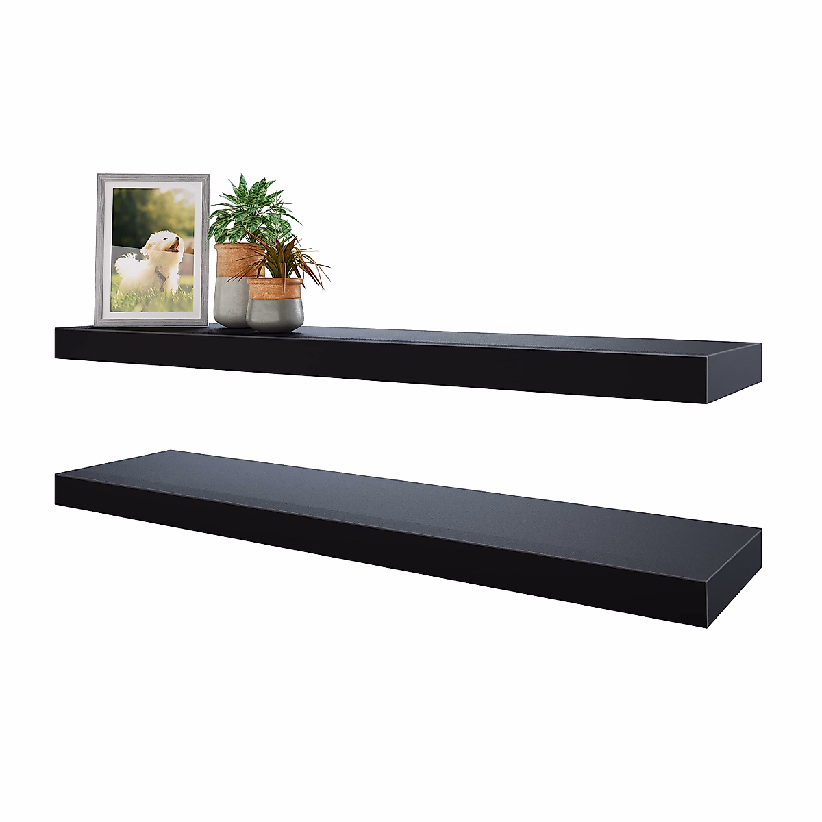 BAMEOS Floating Shelves, Black Wall Mounted Wooden Shelves with Invisible Brackets Set of 2, Hanging Wall Shelves Decoration for Bedroom and Kitchen