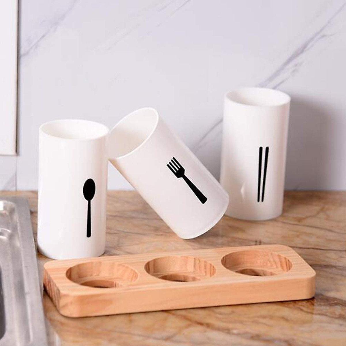 Hemoton 1 Set Utensil Holder Cutlery Utensil Drying Rack Basket Holder with Wood Base for Bar Kitchen Countertop Storage, Organize Forks, Knives, Spoons