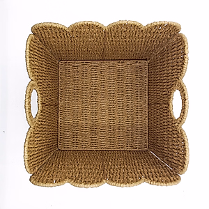 Scalloped Wicker Storage Cubes Basket, 12x12 Heavy Duty Hyacinth Baskets for Shelves, Foldable Natural Boho Square Bins (Renewable Paper Rope 4Pcs, 12x12in)