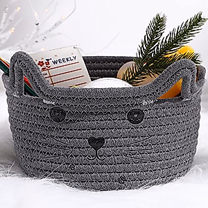 Cat Basket Storage Woven Basket Organizer with Ears Decorative Pet Toy Cute Basket Cotton Rope Basket for Gifts Cat Dog Toy Bin Nursery Room Kids Toy (Gray, 8.3 x 4.7 Inch)