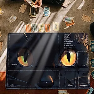 Playmat for MTG Playmat with Zones, 24" x 14" TCG Playmat Ideal for MTG Playmat Game Trading Board, Original Hand-Painted Printing Non-Slip Rubber Bottom & Stitched Edges Mouse Pad, Black Cat Eyes