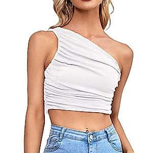 LYANER Women's Sexy Ruched One Shoulder Sleeveless Crop Top Strappy Cami Tank White Medium