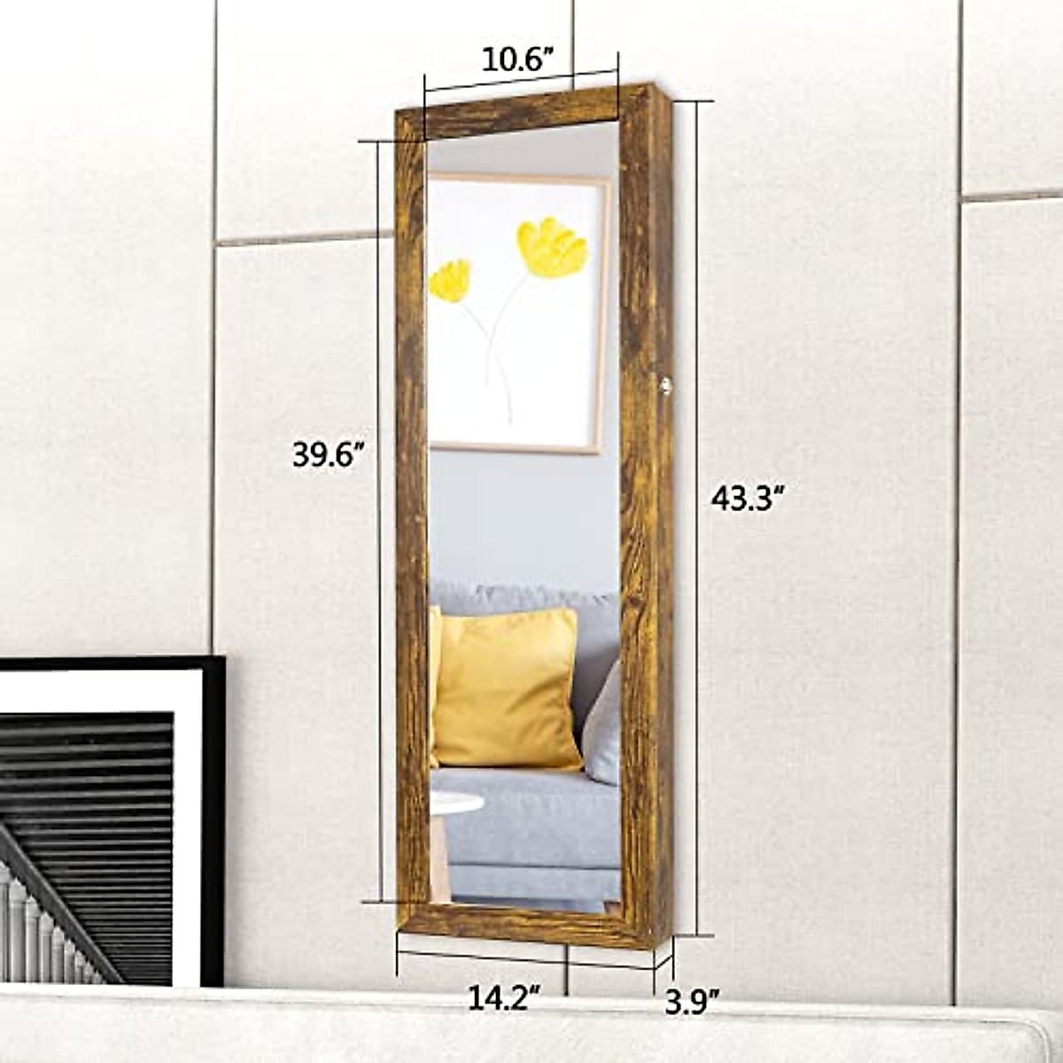 Ntufrest Mirror Jewelry Organizer, Upgraded 6 LED Lights Wall/Door Mounted Jewelry Armoire Cabinet, Full Length Mirror with Storage, Lockable Makeup Organizer and Storage