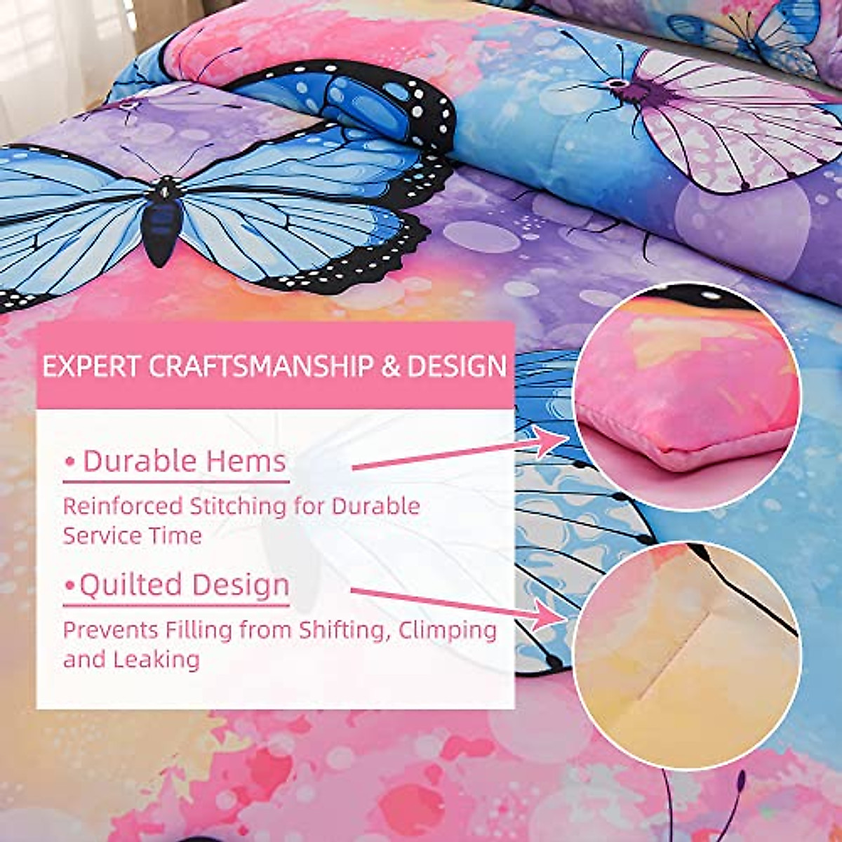 Btargot Lightweight Microfiber 3 Piece Comforter Set with 2 Pillowcases, Butterfly Pattern Bedding Set, Twin Multi-Color
