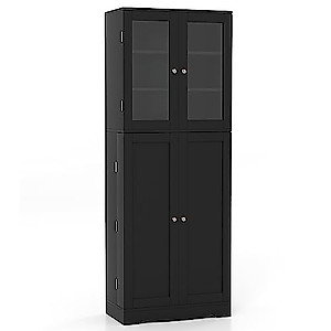Giantex 63.5" Pantry Organizers and Storage, Freestanding Tall Storage Cabinet for Kitchen Bathroom Living Room Office, Wooden Utility Cupboard with Glass Doors & Shelves, 12.5"x24"x63.5" (Black)