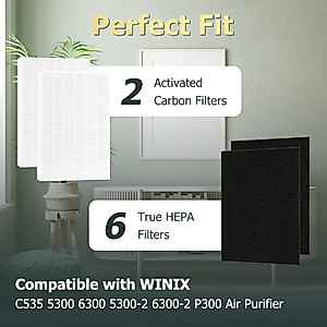 Improvedhand 115115 Filter A Replacement Compatible with Winix PlasmaWave Air Purifier C535 5300 5300-2 6300 6300-2 5000 9000 C909 AM90, 1 Pc H13 True High Efficiency Filter and 4 Pc Carbon Pre-filter