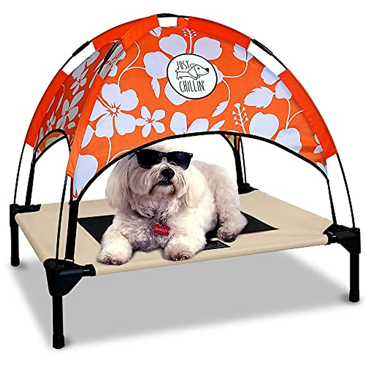 Floppy Dawg Just Chillin’ Elevated Dog Bed. LuxLife Edition - Premium Cot Includes Two Designer Canopies. Lightweight and Portable, Indoor or Outdoor. Chill in Style on Raised Breathable Mesh Fabric.