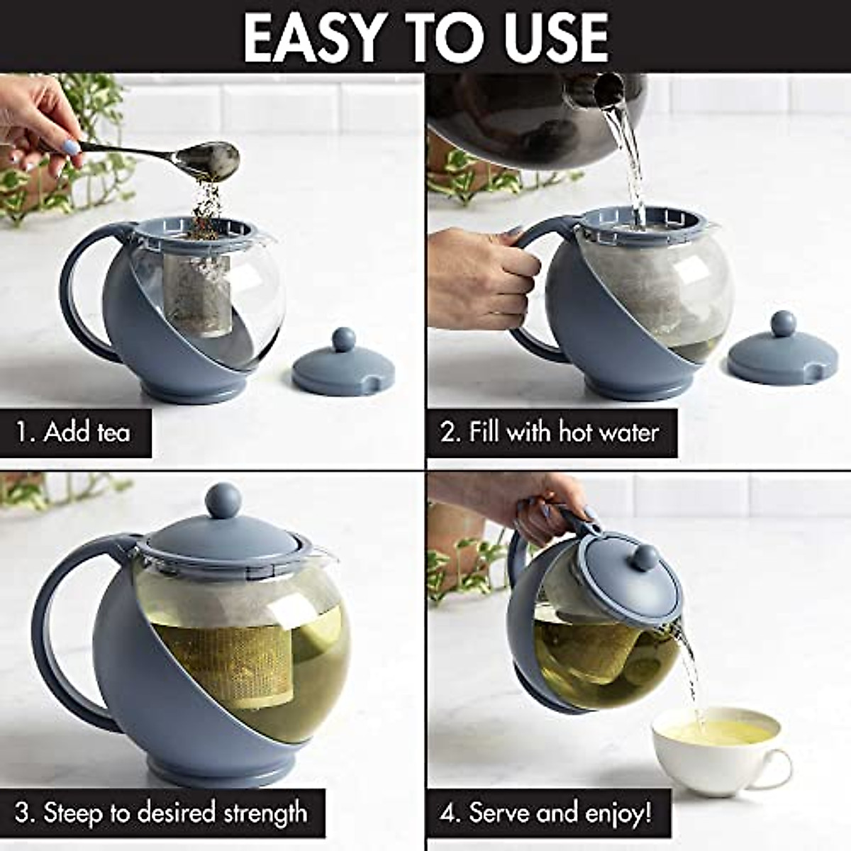 Primula Half Moon Teapot with Removable Infuser, Glass Tea Maker with Reusable Fine Mesh Stainless Steel Filter, Dishwasher Safe, 40-Ounce, Blue