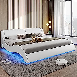 DICTAC King Size Bed Frame with LED Lights Modern King Led Bed Frame with Upholstered Headboard Faux Leather Low Profile Platform Bed Frame Wave Like Curve Bed Frame,No Box Spring Needed,White