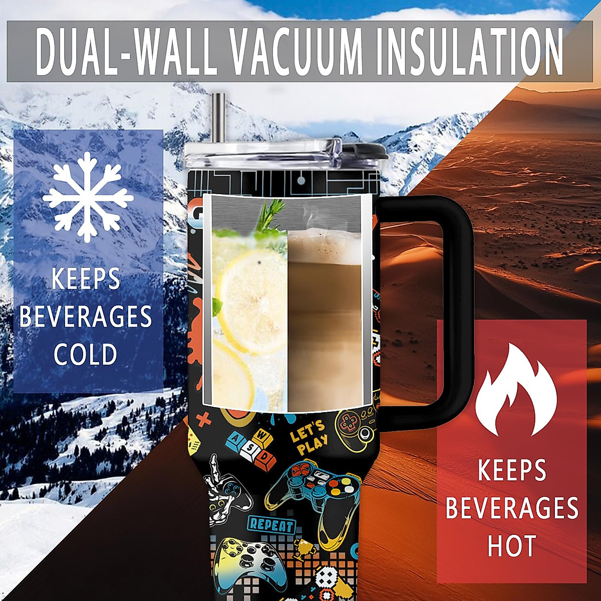 Uibunoo Gamer Gifts for Men, 40 Oz Game Tumbler with Handle & Straw, Gaming Gifts for Gamers Son Boyfriend Husband Men, Birthday Gift, Game Cup, Gaming Stuff for Boys