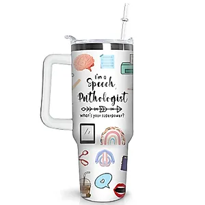 qoepfnsh Speech Therapy Tumbler with Handle SLP Travel Coffee Mug Cups Speech Language Pathology Tumblers with Lid and Straw Stainless Steel Insulated Speech Pathologist Therapist Gifts for Women