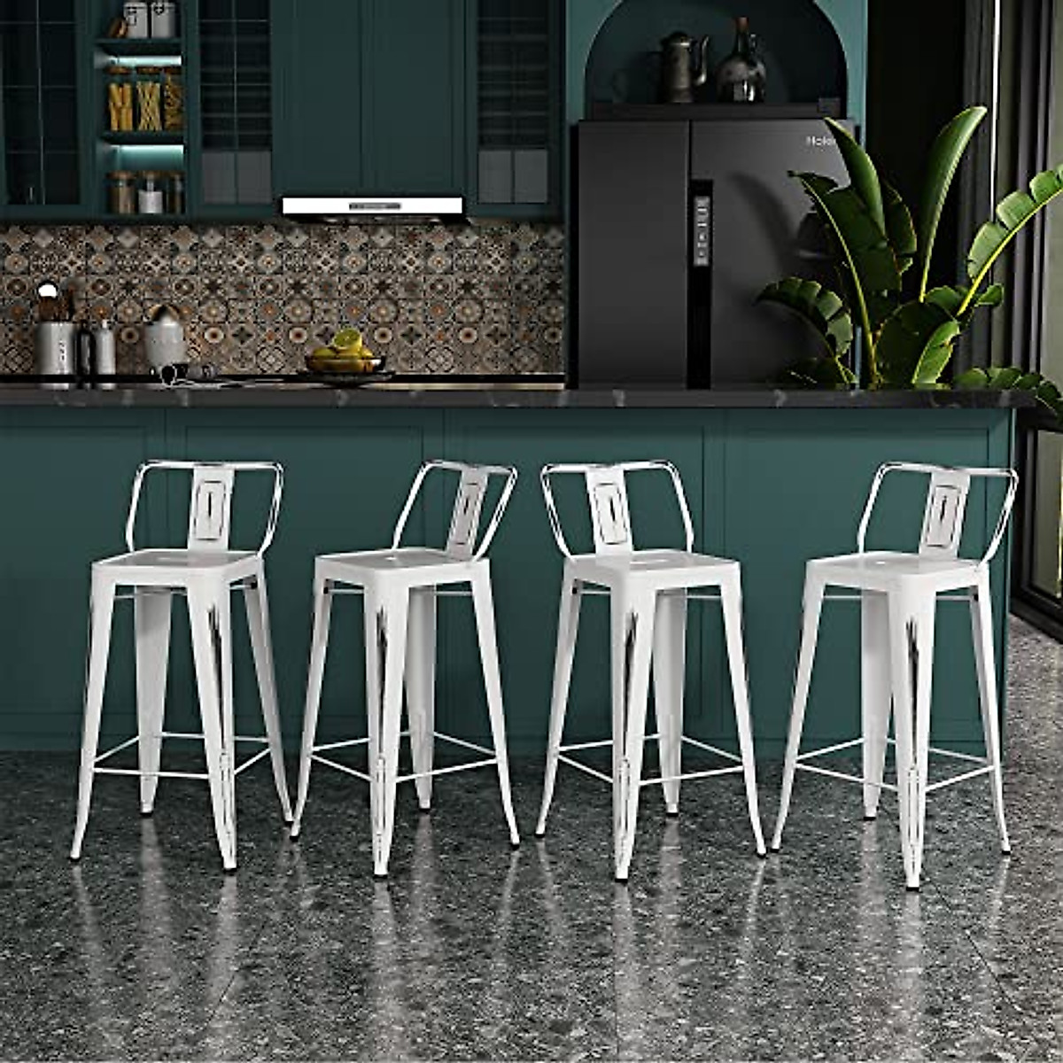 Andeworld Distressed Bar Stools Set of 4 Industrial Counter Stools Metal Barstools for Indoor-Outdoor (24 inch, White)
