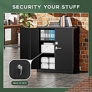 Greenvelly Metal Storage Cabinet with Lock,36" Metal Lockable Storage Cabinet with Doors and 2 Adjustable Shelves, Black Steel Locking Counter Cabinet for Office,Garage, Home, School