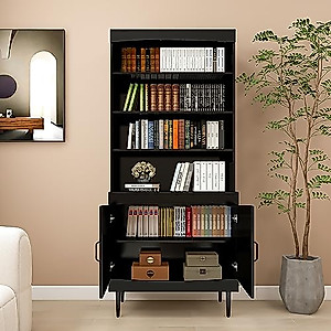 6-Tier Bookshelf, Storage Management Cabinet with 4 Spacious Shelves and 2 Storage Cabinets, Floor Standing Bookshelf for Home Offices, Kitchens and Living Room (Black)