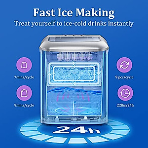 Ice Maker Countertop Machine, 9 Bullet Ice Cubes Ready in 6 Mins, 22lbs Ice Cubes in 24H, Self-Cleaning, LCD Display, 2.1L Electric Stainless Steel Ice Maker with Ice Scoop, Basket
