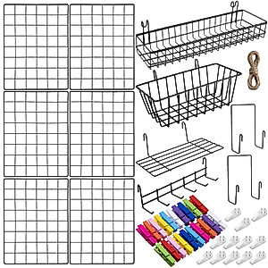 6 Pack 16 x 12 Inch Black Wall Grid Wire Panel with Accessories 1 Black Hanging Wire Basket, 1 Shelf, 1 Hook Rack, 2 Letter Sorter Shelf, 20 Clips, 12 Non Trace Nail, 2 Hemp Rope, Photo Home Decor